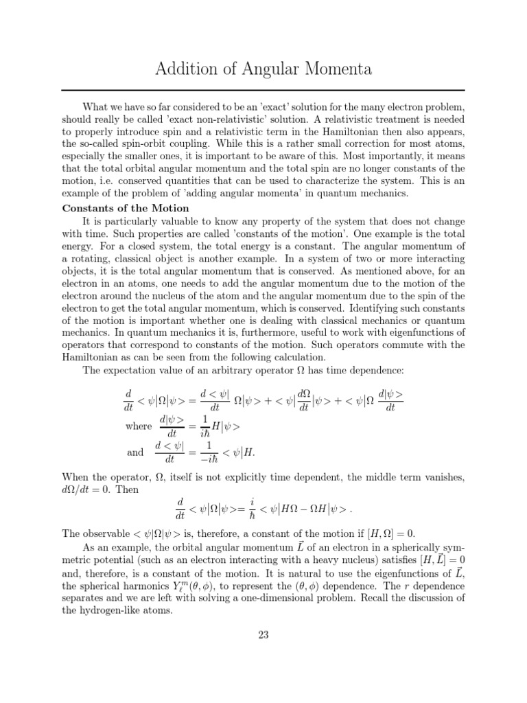 The Addition of Angular Momenta: Exploring How Total Angular Momentum Emerges as a Constant of ...