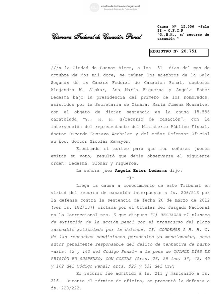 CNCP Sala II Fallo G.,H.H., S Recurso de Casación - LESIVIDAD | PDF ... CNCP Sala II Fallo G.,H.H., S Recurso de Casación - LESIVIDAD | PDF ...