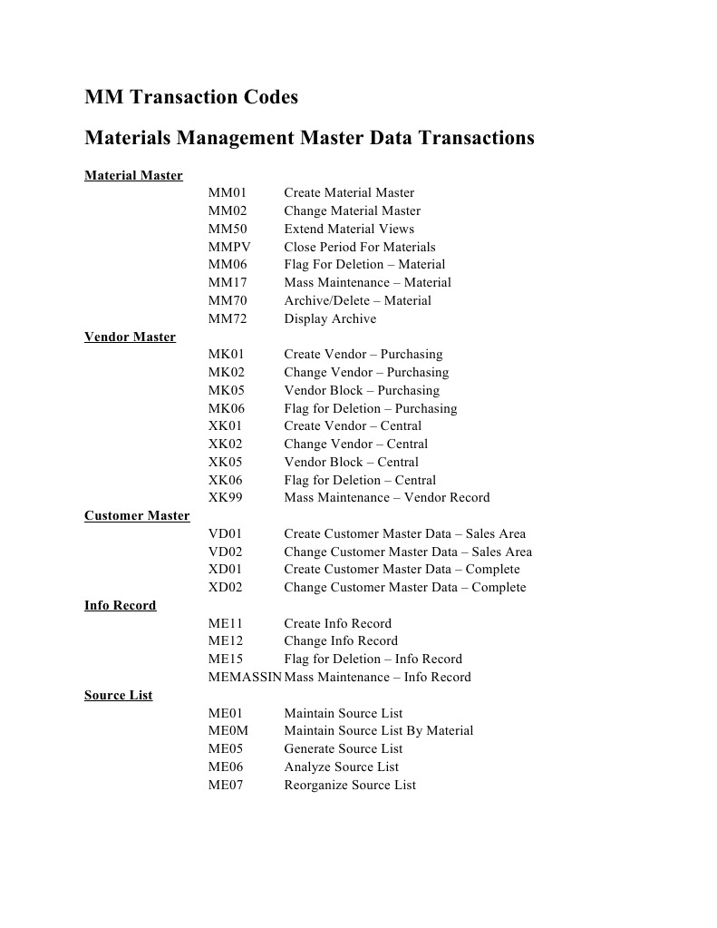 MM Transaction Codes Materials Management Master Data Transactions | PDF