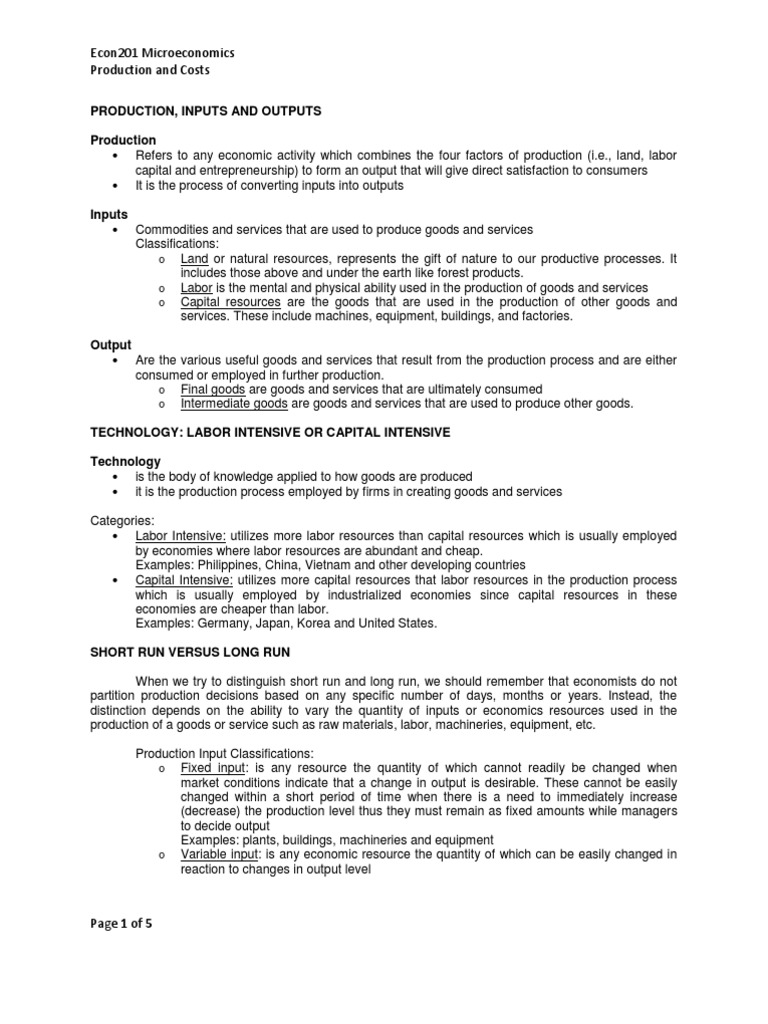 Econ201 - Lecture Notes - Production and Cost | PDF | Factors Of ...