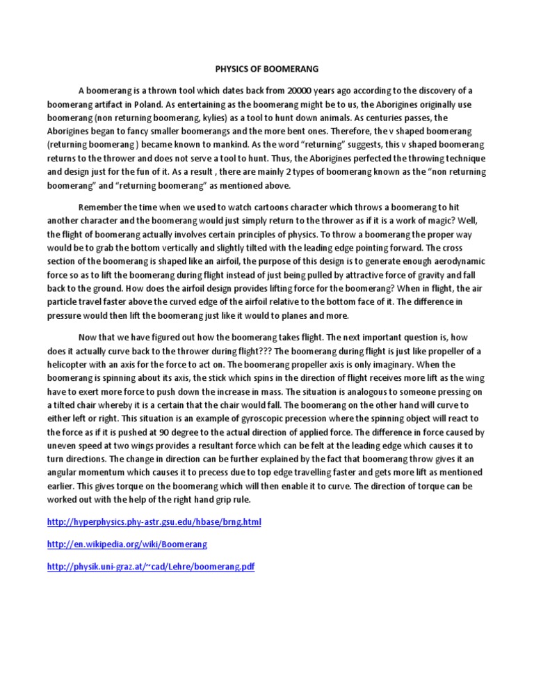 Physics of Boomerang | PDF | Lift (Force) | Rotation Around A Fixed Axis