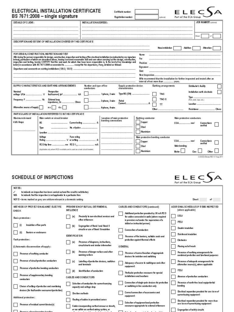 BS 7671 Electrical Installation Certificate | PDF | Cable | Electrical ...