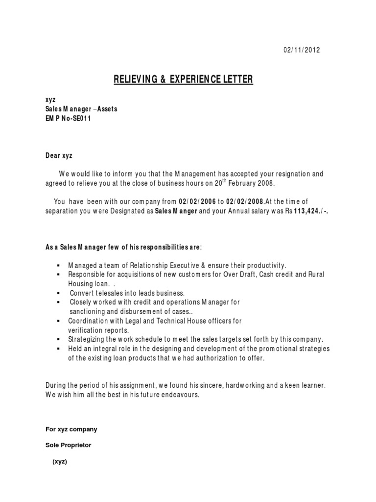 Releiving and Experience Letter | PDF