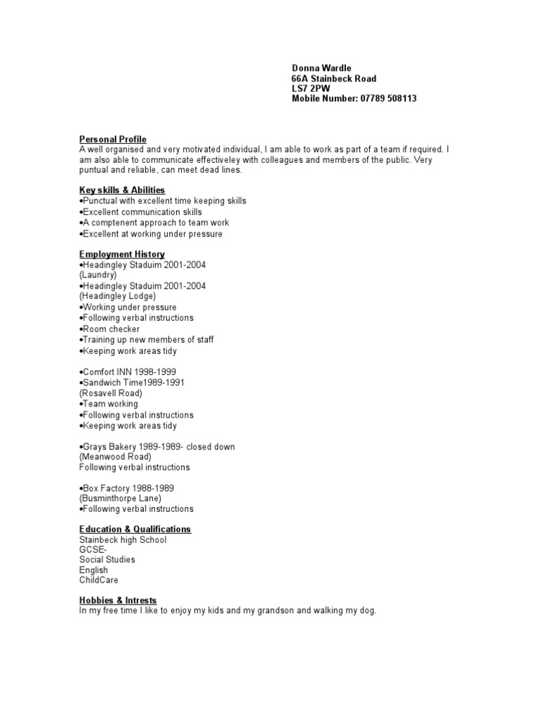 Donna Wardle: Motivated Team Player Resume | PDF