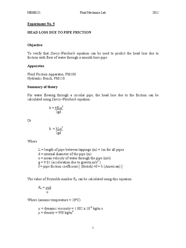 Head Loss in Pipe Friction Experiment | PDF | Reynolds Number | Fluid ...