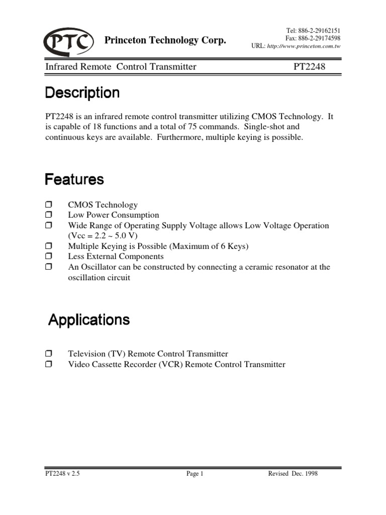 PT2248 Infrared Transmitter Overview | PDF | Computers