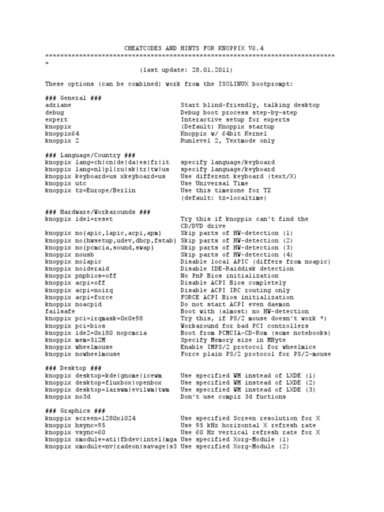Knoppix Cheat Codes | PDF | Booting | Bios