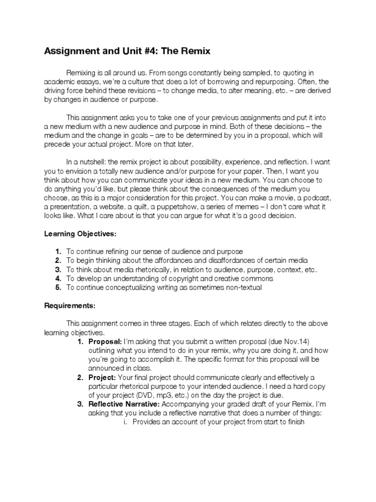 Assignment and Unit #4: The Remix | PDF | Remix | Idea
