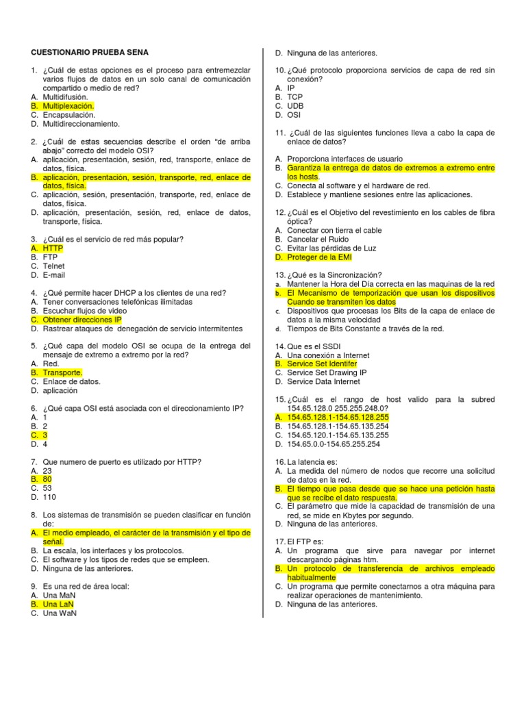 Cuestionario Preparar Prueba Sena | Red de computadoras | Internet