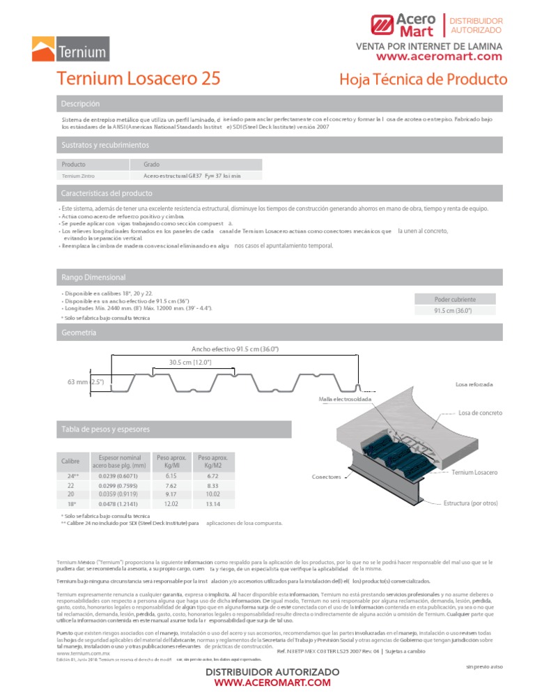 Losacero 25 - Hoja Tecnica Ternium | Acero | Ingeniería
