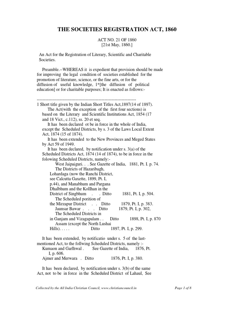 Societies Registration Act 1860 | PDF