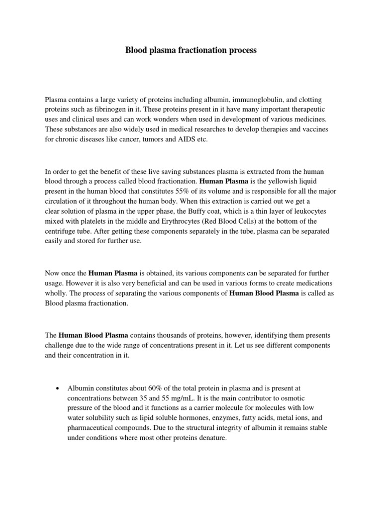 Blood Plasma Fractionation Process | PDF | Blood | Body Fluids