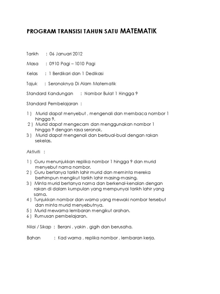 RPH Transisi Matematik | PDF