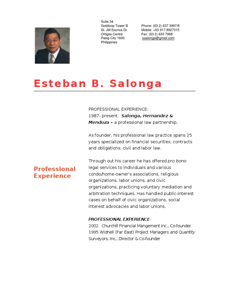 Steve Salonga's Professional Resume / Biodata | PDF | Philippines ...