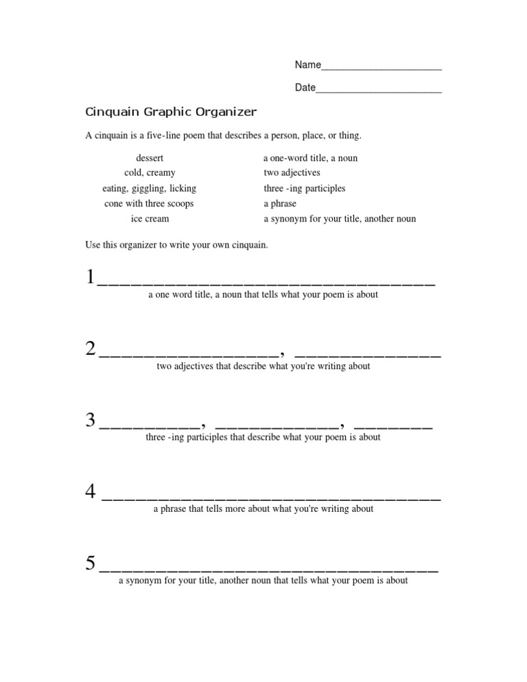 Cinquain Graphic Organizer | PDF | Poetry
