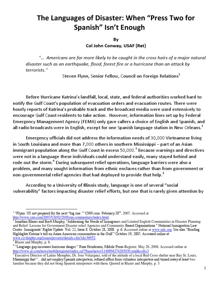 Language Barriers in Disaster Response | PDF | Earthquakes | Hurricane ...