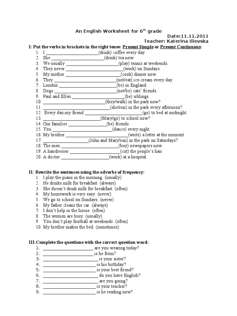 6th Grade English Verb Tenses Worksheet | PDF