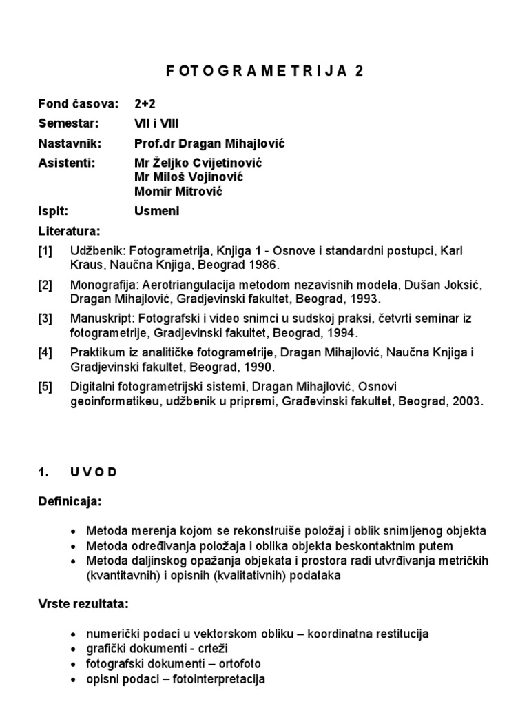 Fotogrametrija 2 - Predavanje 1 | PDF
