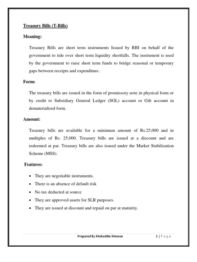 Treasury Bills (T-Bills) Meaning:: Prepared by Mohuddin Memon 1 | PDF ...