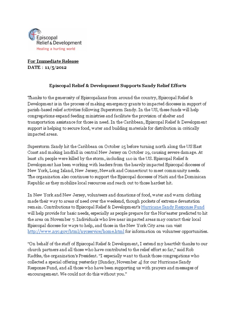 Episcopal Relief & Development Supports Sandy Relief Efforts | PDF ...