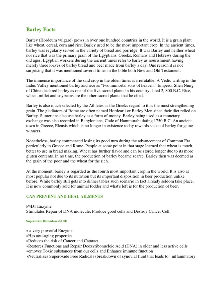 Barley Facts | PDF | Barley | Superoxide Dismutase
