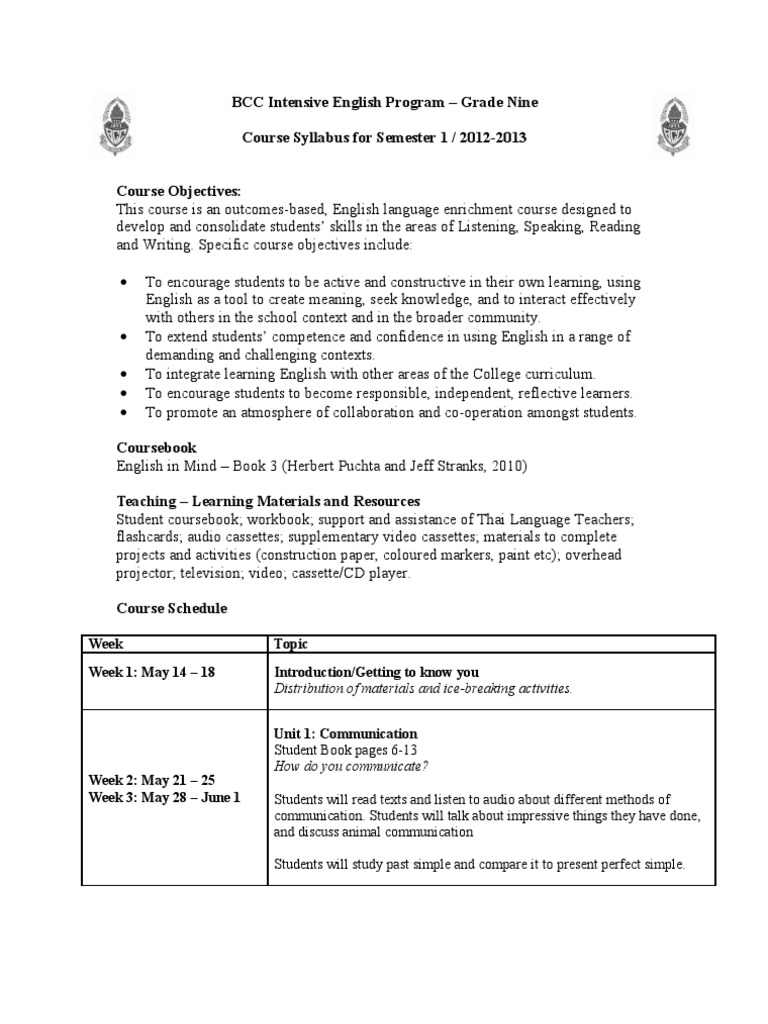 BCC Intensive English Program - Grade Nine Course Syllabus For Semester ...