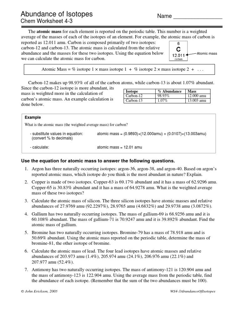 Abundance of Isotopes: Name - Chem Worksheet 4-3 | PDF | Atomic Mass ...