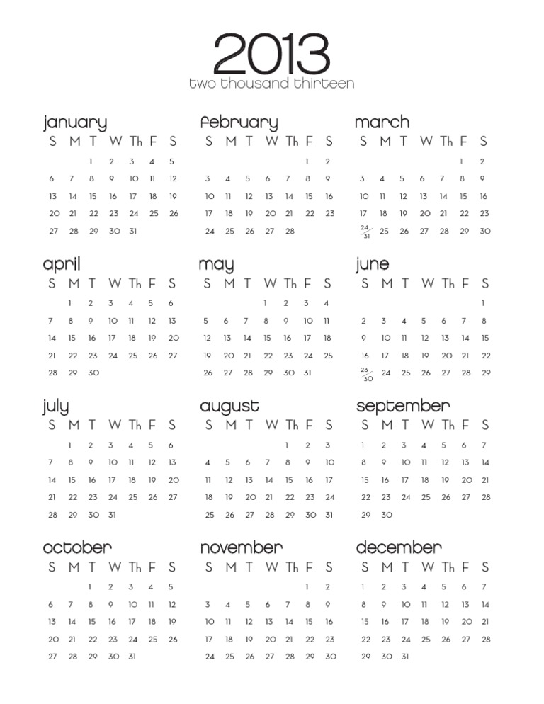 2013 One Page Calendar - Black | PDF