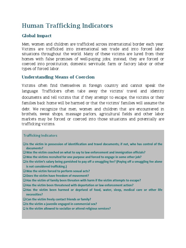 Human Trafficking Indicators | PDF | Human Trafficking | Smuggling