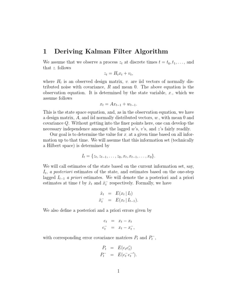 1 Deriving Kalman Filter Algorithm:, T, - . - , and Z X | PDF | Kalman ...