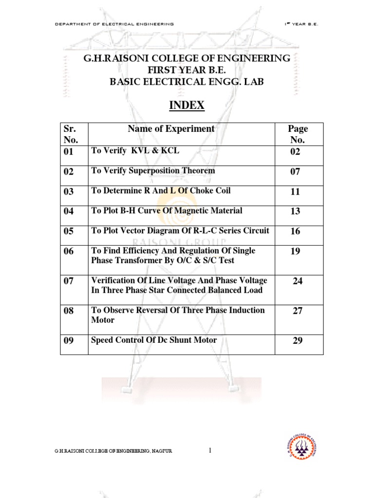Index: G.H.Raisoni College of Engineering First Year B.E. Basic Electrical Engg. Lab | PDF ...