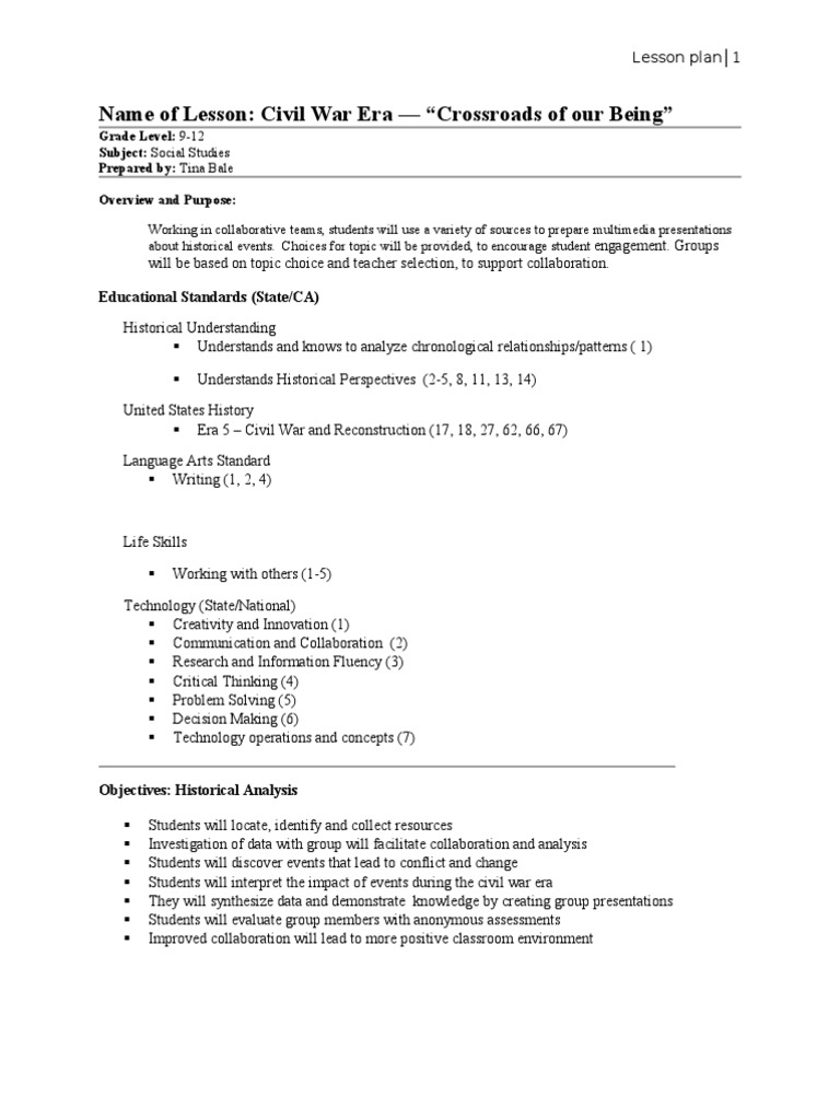 Civil War Lesson Plan | PDF | Collaboration | Educational Assessment