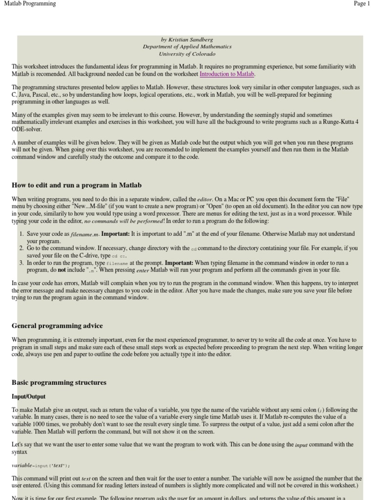 Matlab Programming | PDF | Summation | Matlab