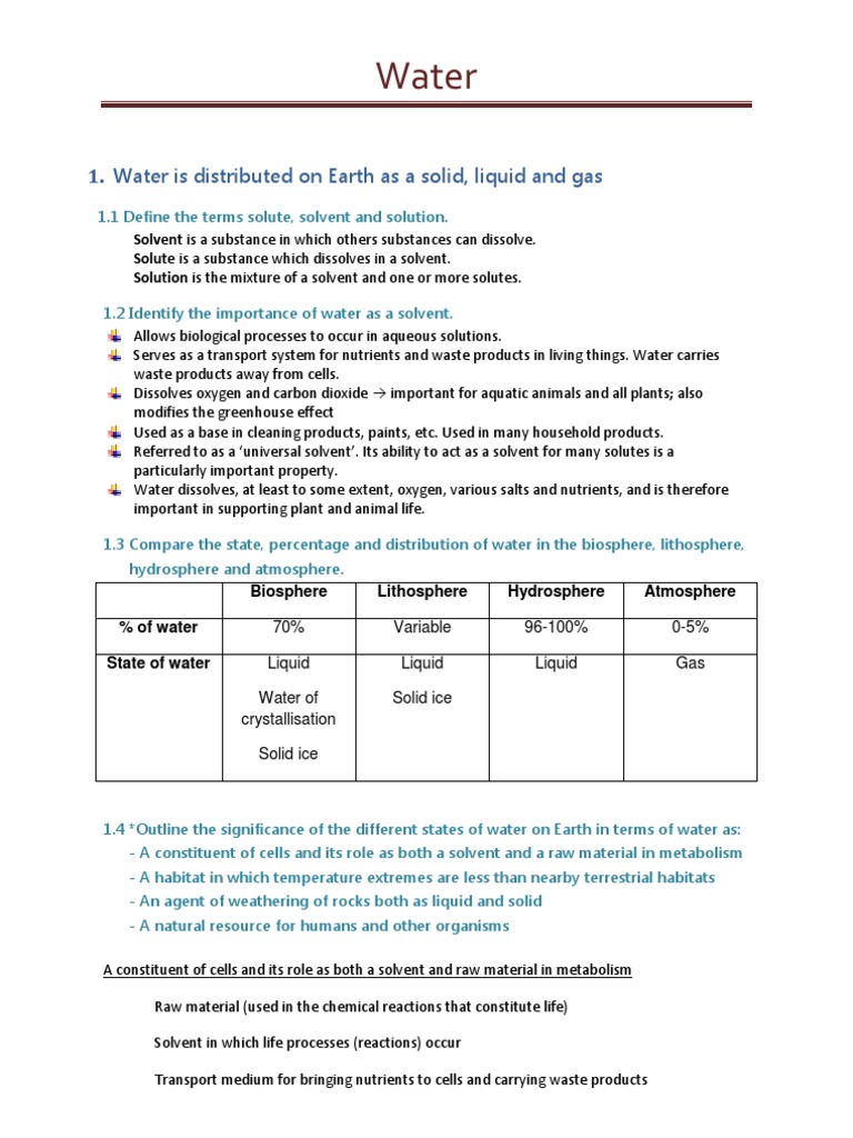 Water: 1. Water Is Distributed On Earth As A Solid, Liquid and Gas ...