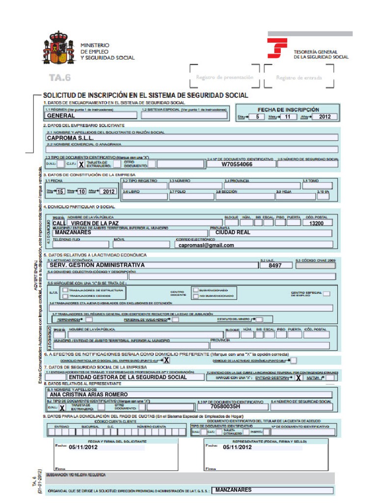 Modelo TA.6 Inscripción Seguridad Social | PDF | España | Gobierno de ...