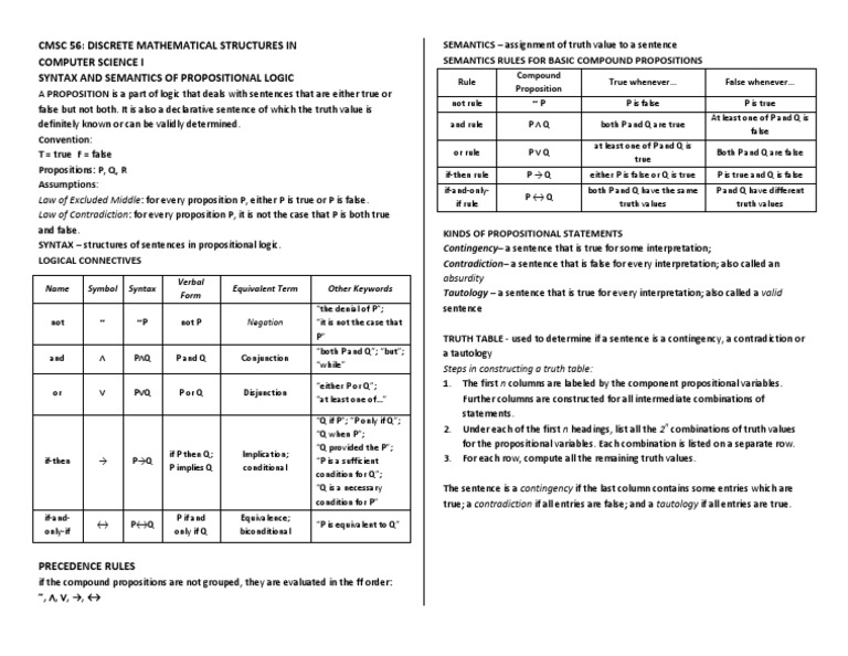 Cmsc 56 Handout 1 Syntax And Semantics Of Propositional Logic Pdf Logic Proposition 