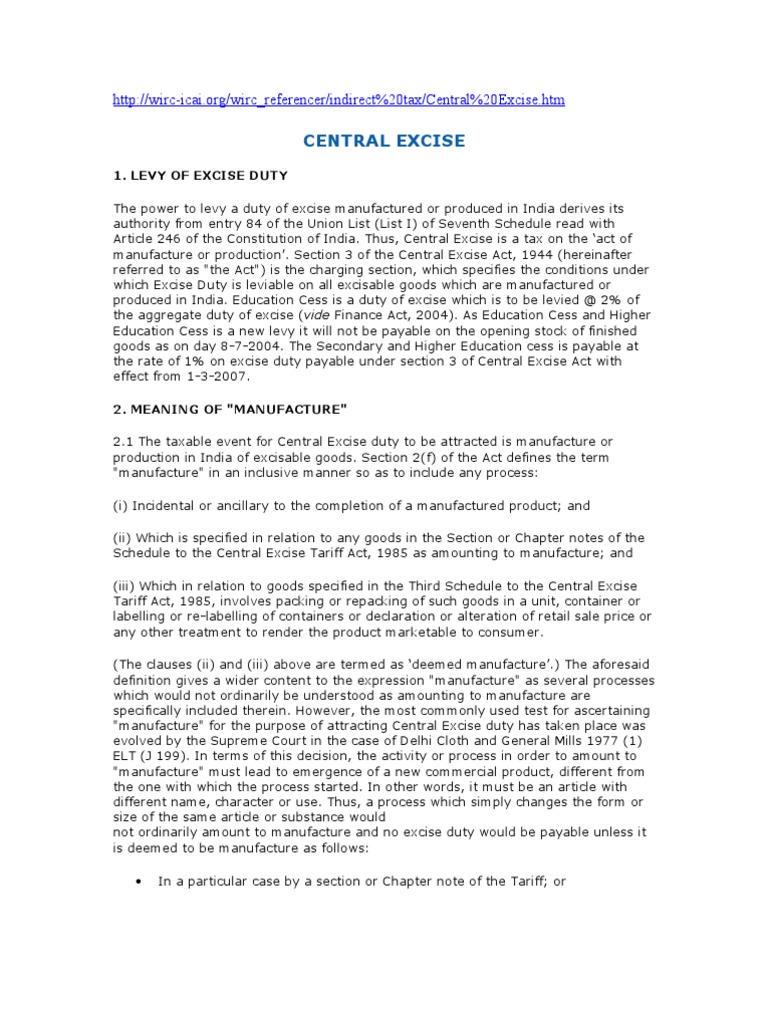Central Excise: 1. Levy of Excise Duty | PDF | Discounts And Allowances ...