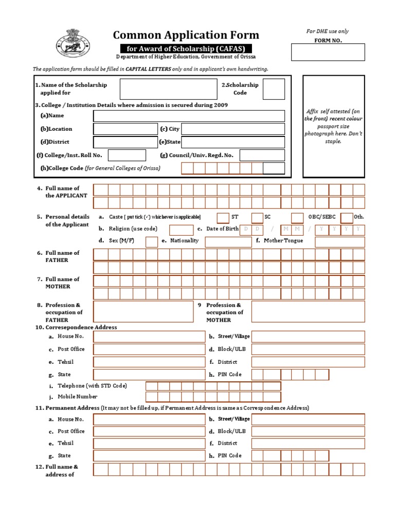 Common Application Form: For Award of Scholarship (CAFAS) | Download ...