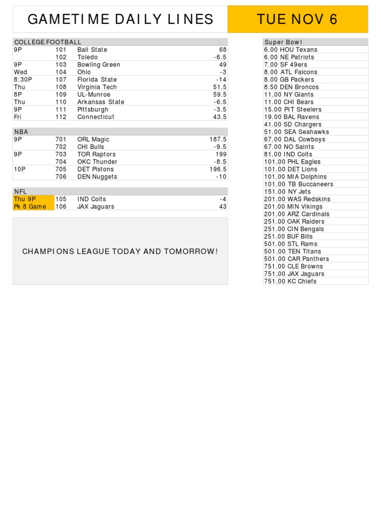 Gametime Daily Lines Tue Nov 6: Champions League Today and Tomorrow! | PDF