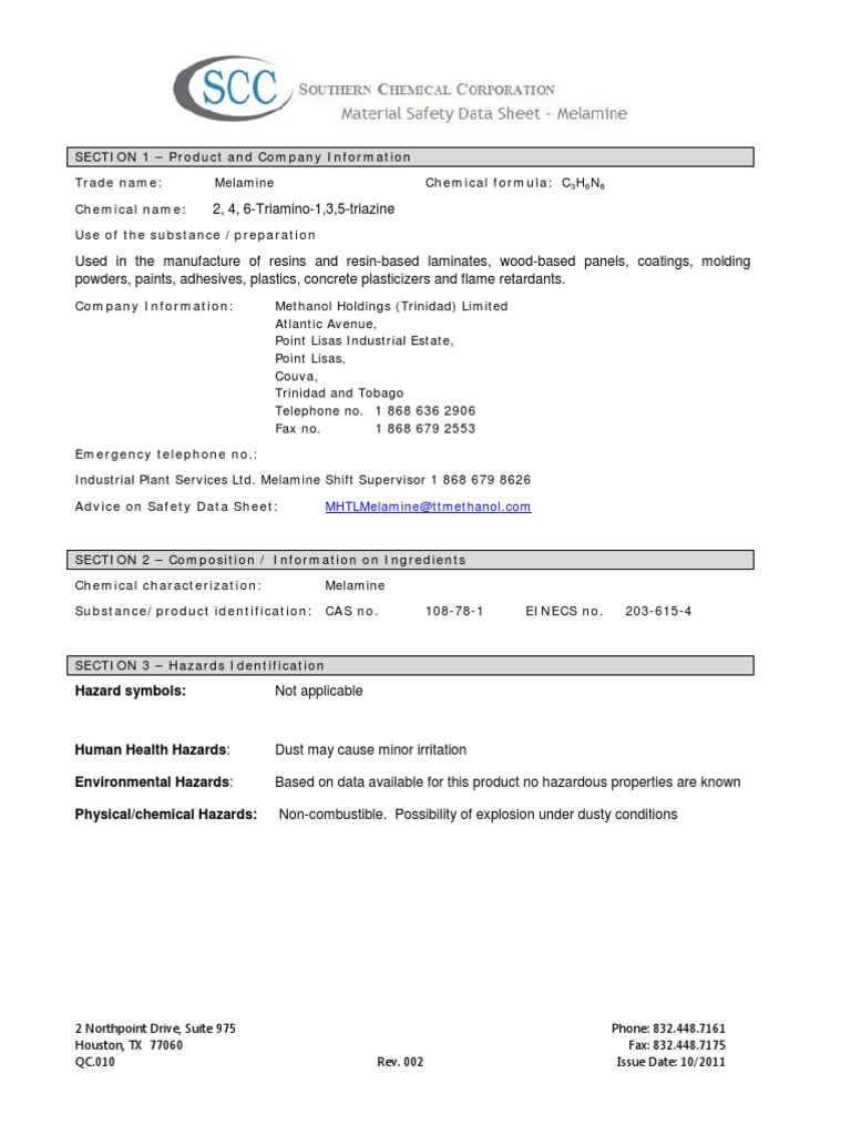 Melamine Product Specification Sheet | PDF | Personal Protective Equipment | Toxicity