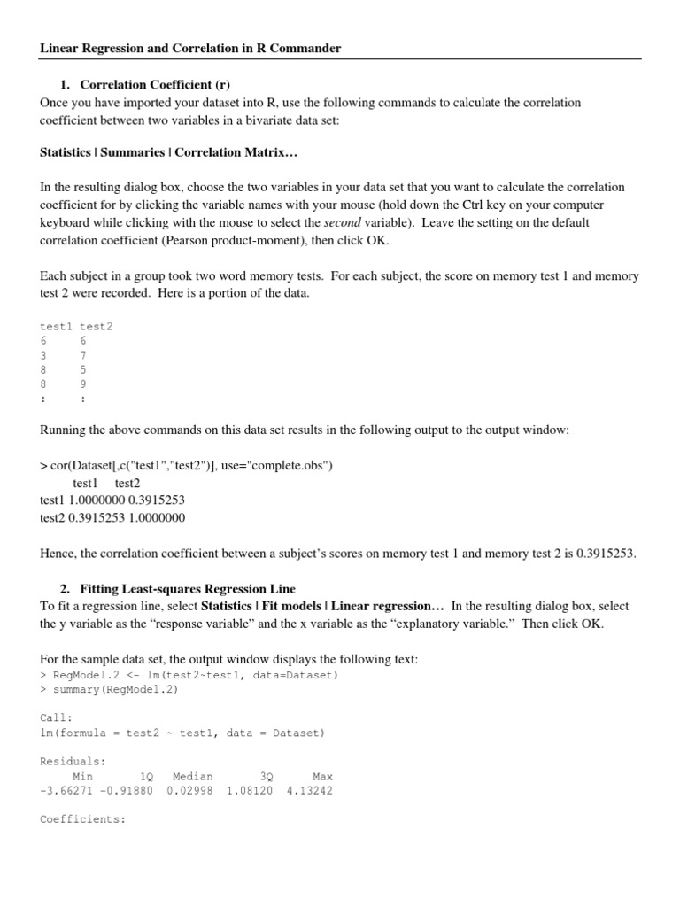 2-Linear Regression and Correlation in R Commander-CV | PDF | Coefficient Of Determination ...