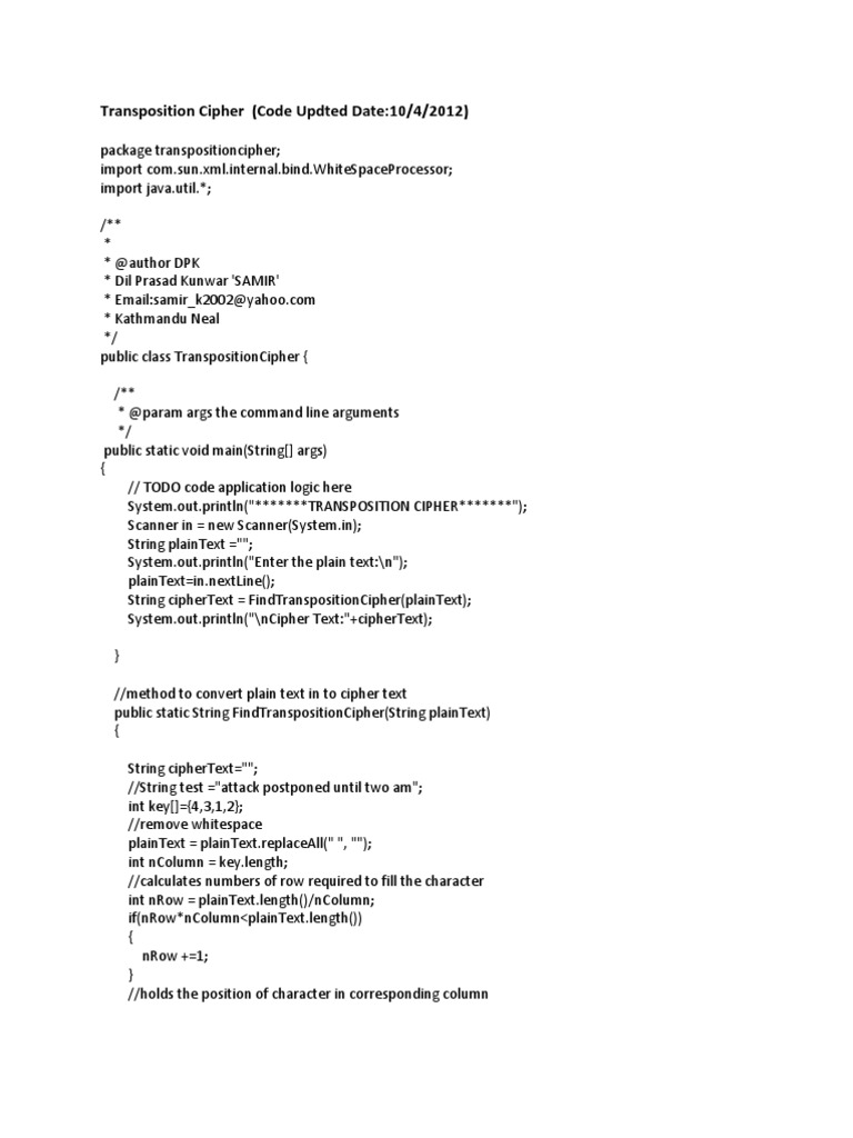 Transposition Cipher (Code Updted Date:10/4/2012) | PDF | Cipher ...
