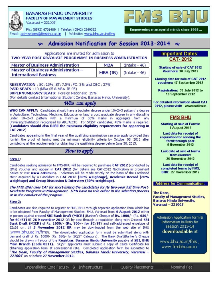 Bhu FMS | PDF | Master Of Business Administration | Postgraduate Education