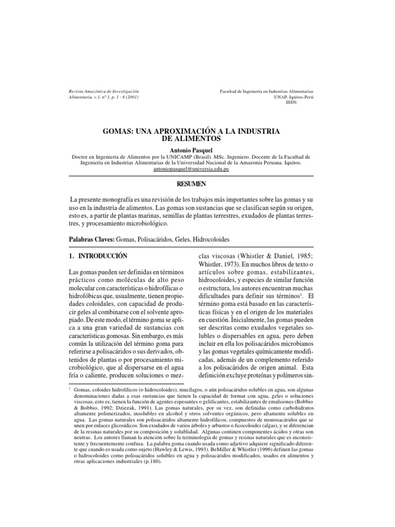Gomas alimenticias: propiedades y usos en la industria de alimentos | PDF