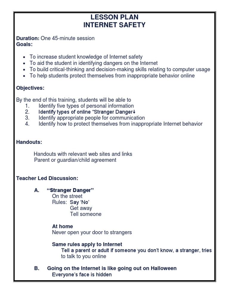Lesson Plan Internet Safety: Duration: One 45-Minute Session Goals | PDF