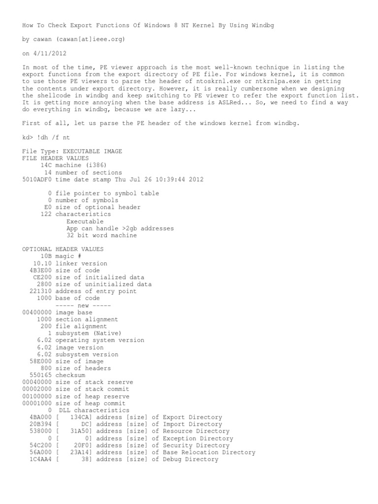 How To Check Export Functions of Windows 8 NT Kernel by Using Windbg | PDF | Operating System ...
