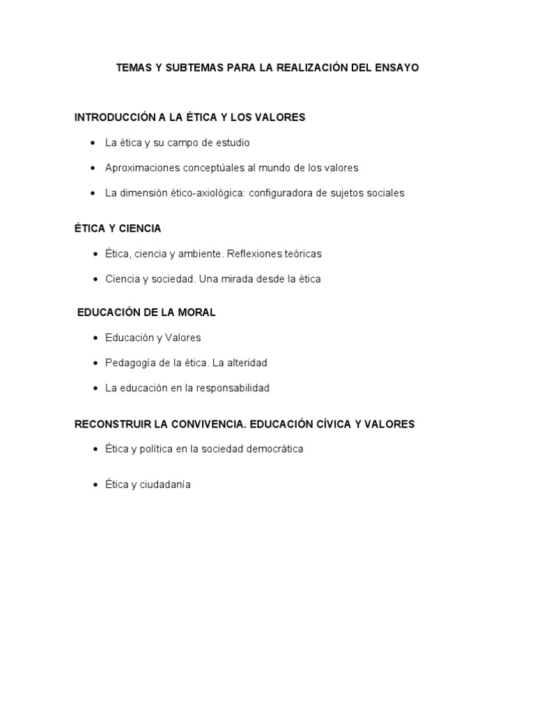 Temas y Subtemas para La Realización Del Ensayo | PDF