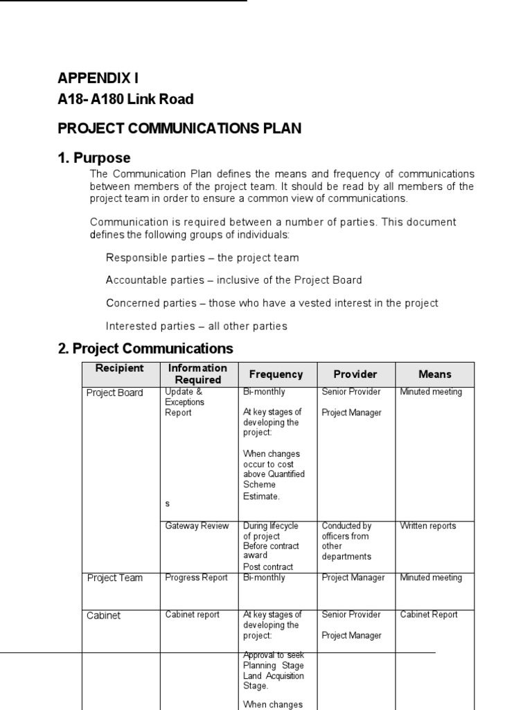 Annex P Communications Plan Appendix | Project Manager | Business