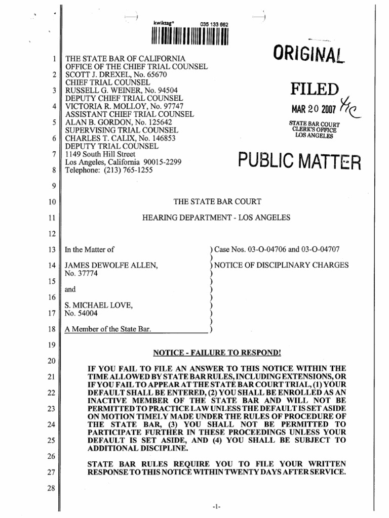 California State Bar Court Notice of Disciplinary Charges For James ...