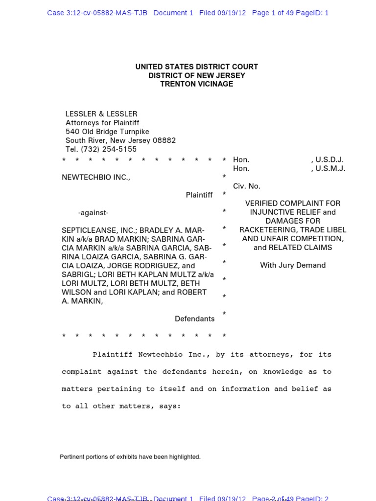 Newtechbio V Septicleanse Complaint | PDF | Racketeer Influenced And ...
